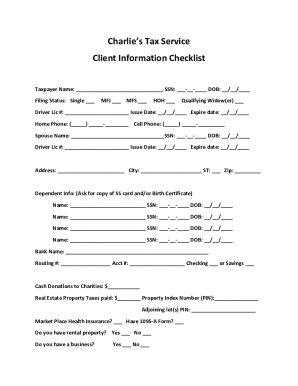 Fillable Online Charlie's Tax Service Client Information Checklist Fax ...