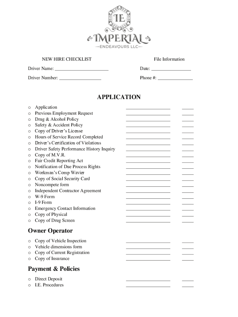 Fillable Online NEW HIRE CHECKLIST File Information Driver Name Fax Email Print - pdfFiller