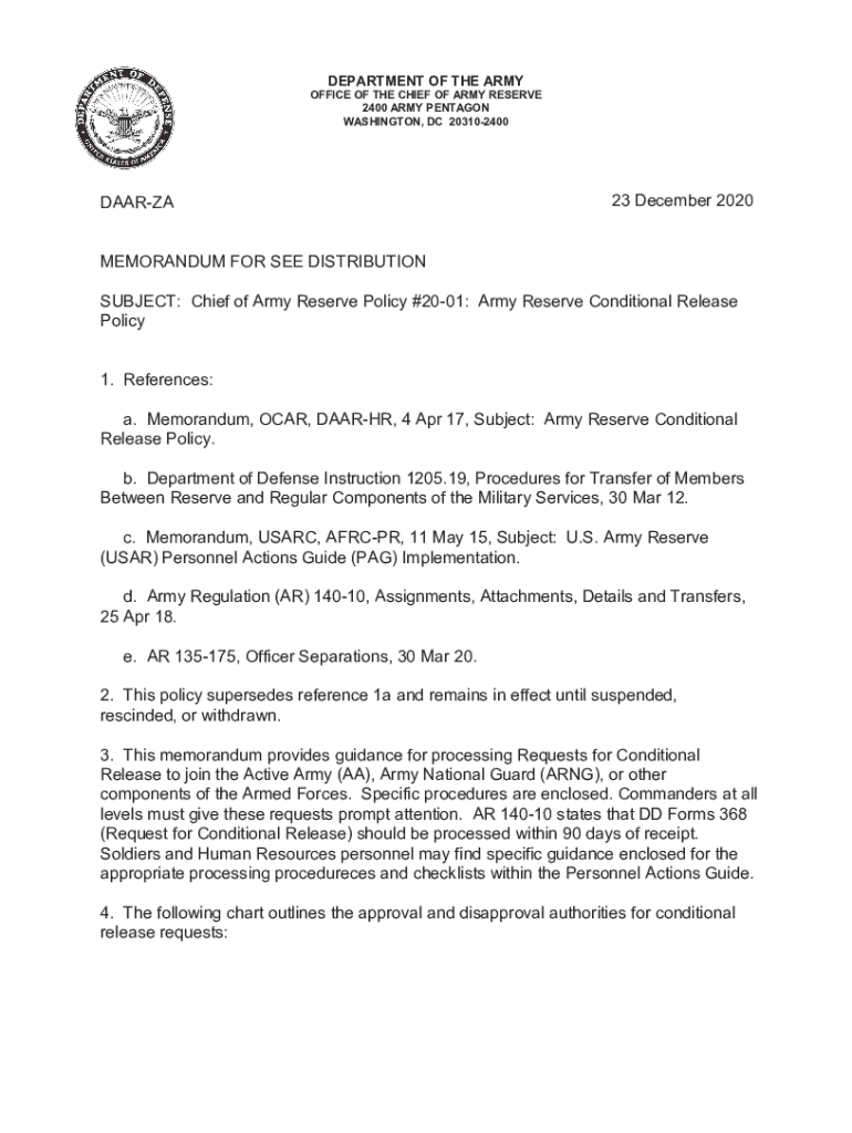 Fillable Online HQDA Form 5 - USARC - Army Reserve Conditional Release ...