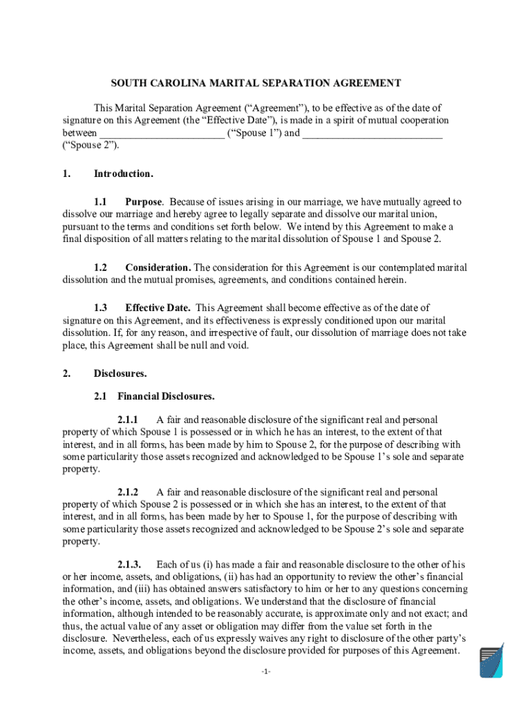Fillable Online South Carolina Marital Separation Agreement Form. South ...