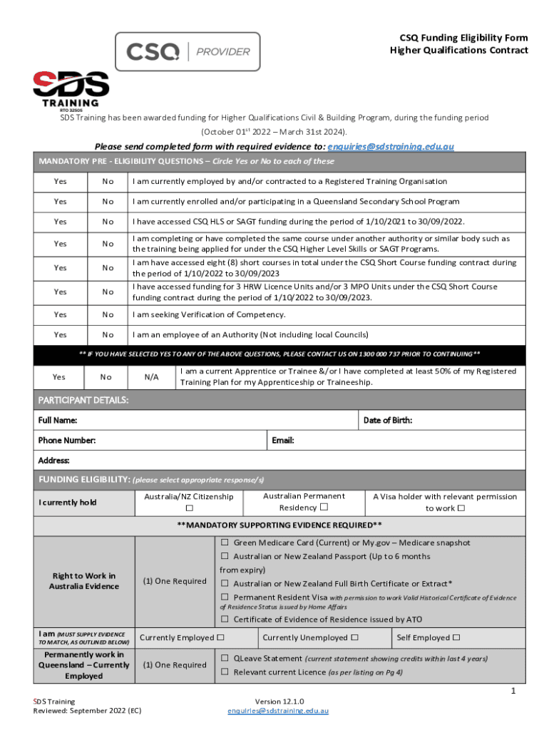 Fillable Online CSQ Funding Eligibility Form Fax Email Print - pdfFiller
