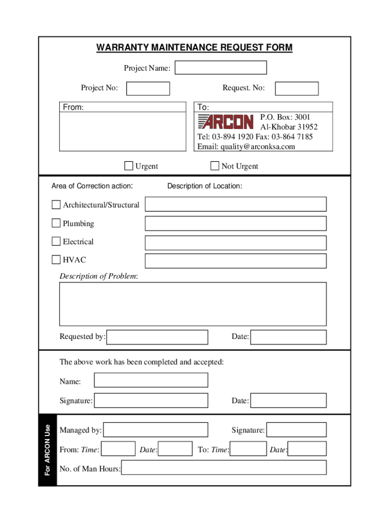 Fillable Online WARRANTY MAINTENANCE REQUEST FORM - Arcon Fax Email ...
