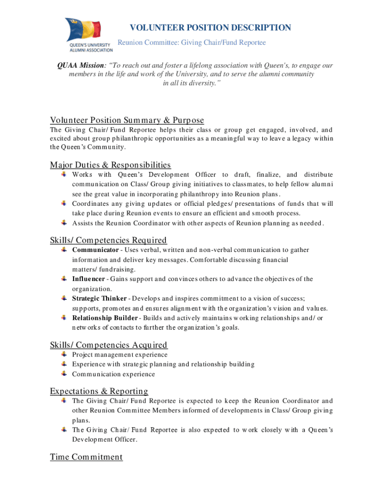 Fillable Online VOLUNTEER POSITION DESCRIPTION. Reunion Committee Fax ...