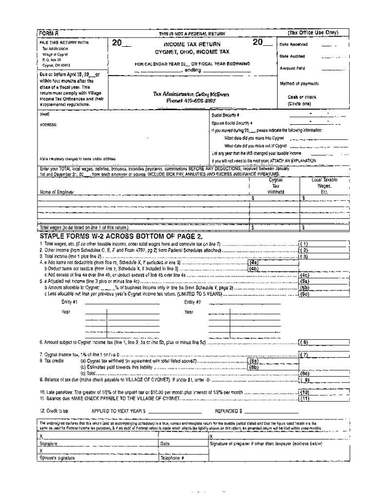 Fillable Online tax ohio Cygnet Income Tax Return Form R Fax Email ...