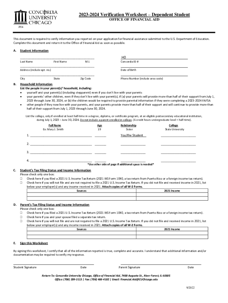 Fillable Online 2023-2024 Verification Worksheet Dependent Student Fax Email Print - pdfFiller