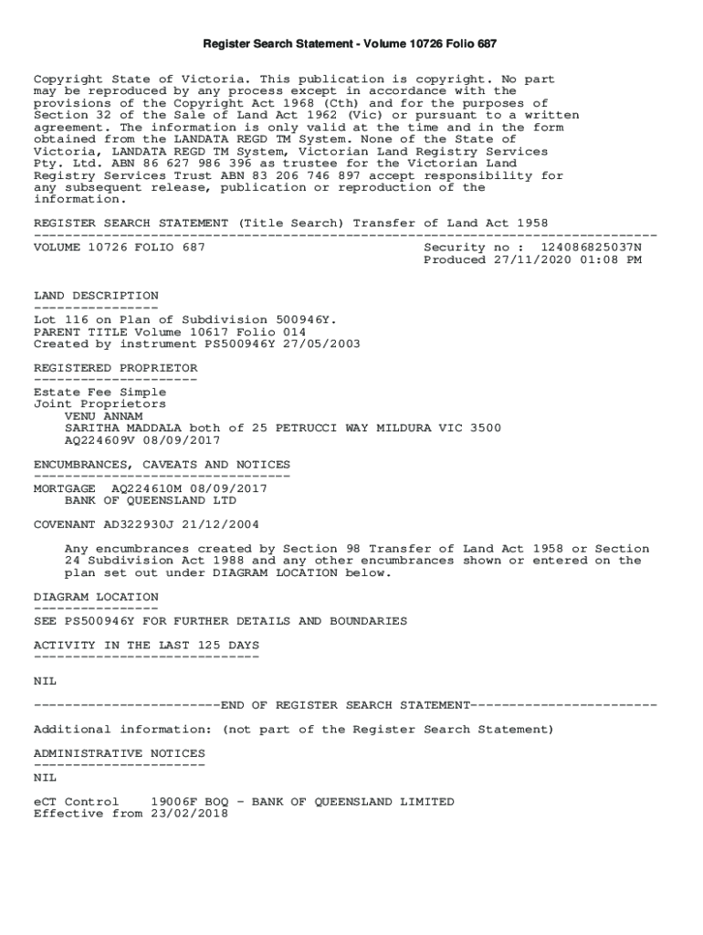 Fillable Online Register Search Statement - Volume 10726 Folio 687 Fax ...