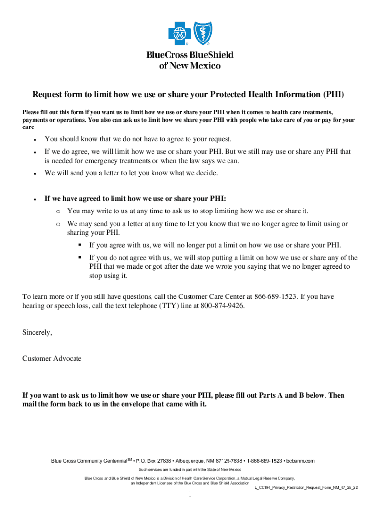 Fillable Online Blue Cross Community Centennial HIPAA Privacy ...