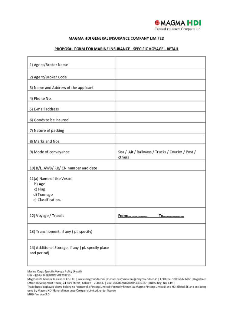 Fillable Online PROPOSAL FORM FOR MARINE INSURANCE... Fax Email Print ...