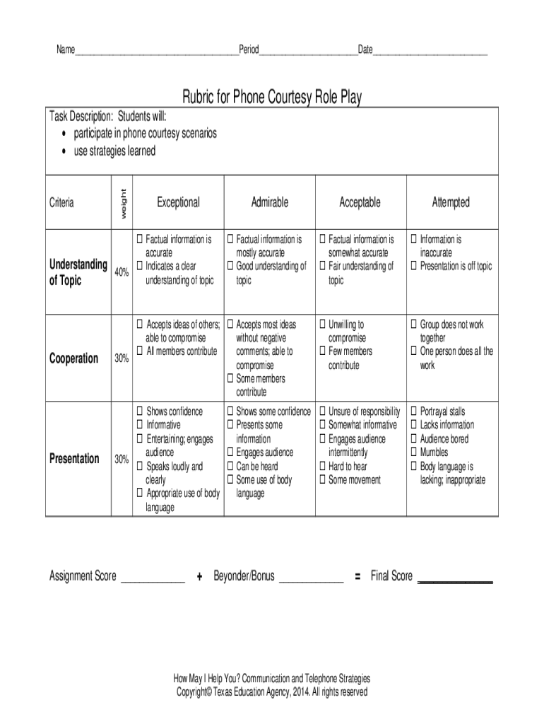 Fillable Online Rubric for Phone Courtesy Role Play. Hospitality and ...