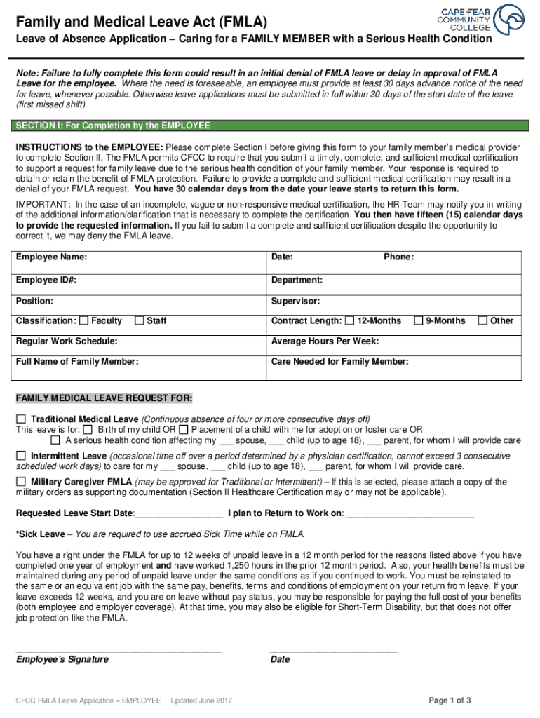 Fillable Online Leave of Absence Application Caring for a FAMILY MEMBER with a Serious Health ...