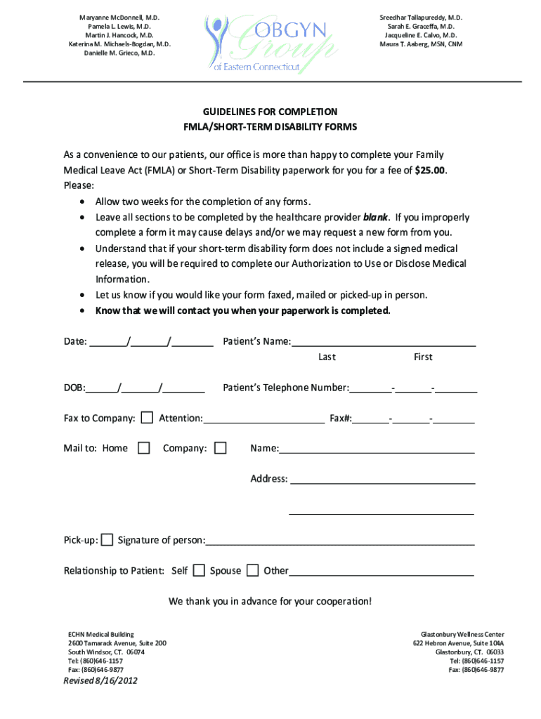 Fillable Online guidelines for completion fmla/short-term disability ...