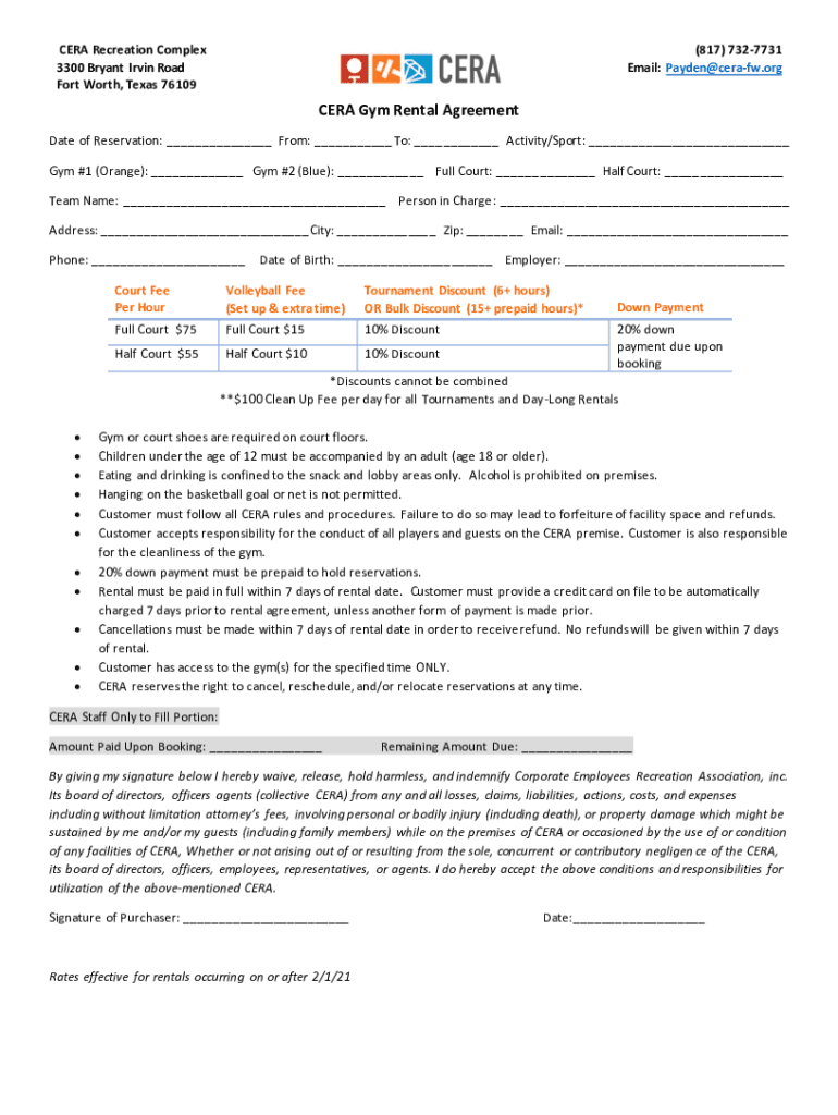 Fillable Online CERA Gym Rental Agreement Fax Email Print - pdfFiller