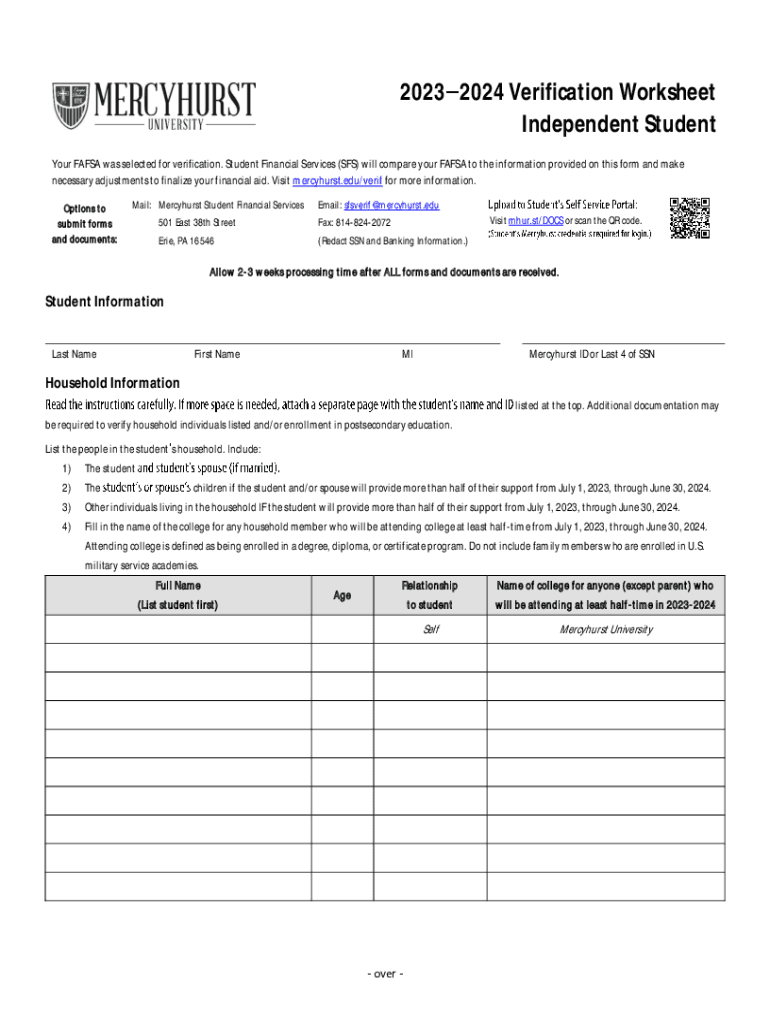 Fillable Online 202324 Verification Worksheet Independent Student Fax Email Print - pdfFiller