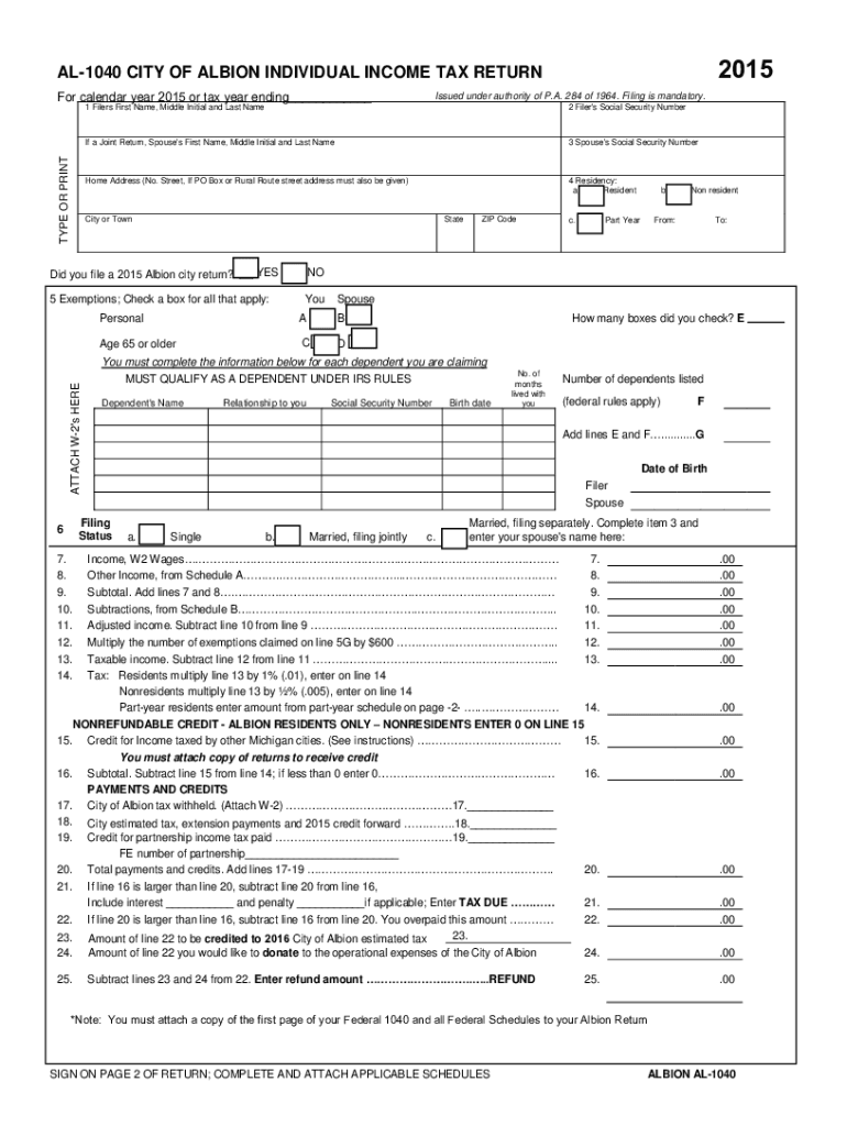 Fillable Online 2015 city of albion income tax booklet (al-1040) Fax ...