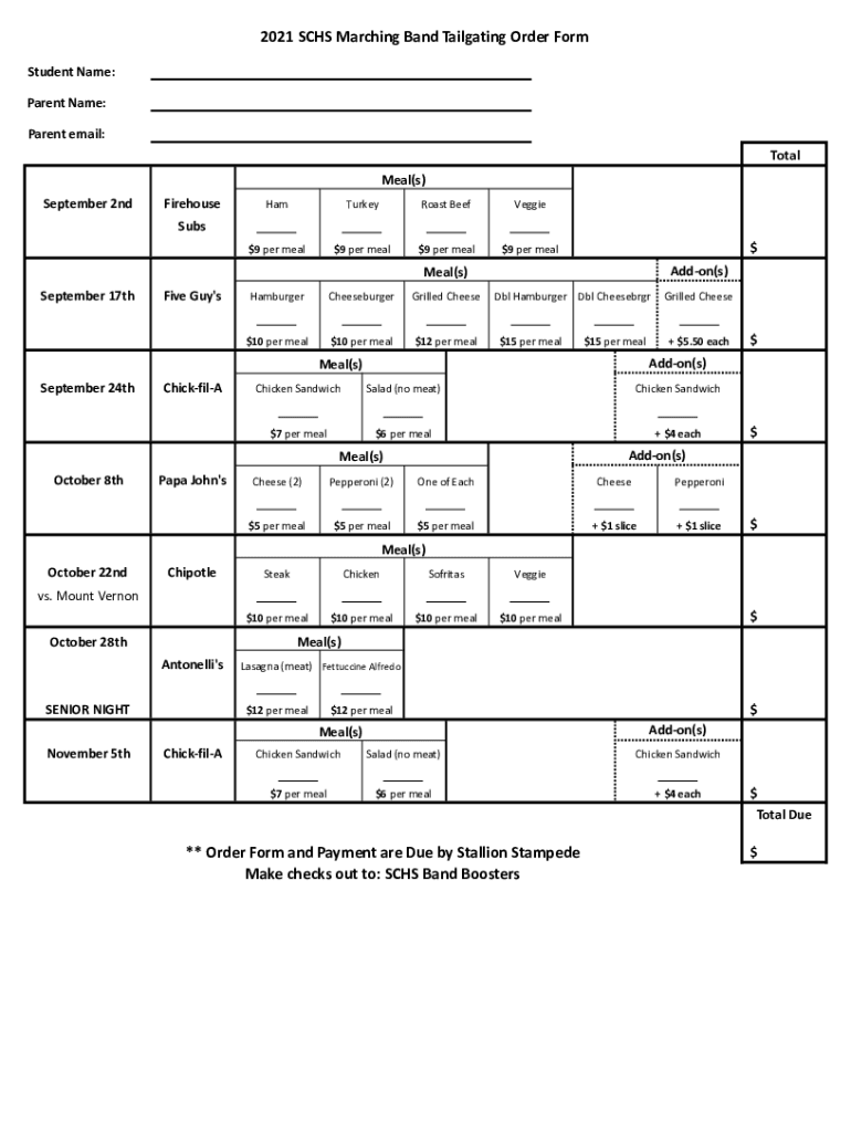 Fillable Online 2021 SCHS Marching Band Tailgating Order Form.xlsx Fax ...