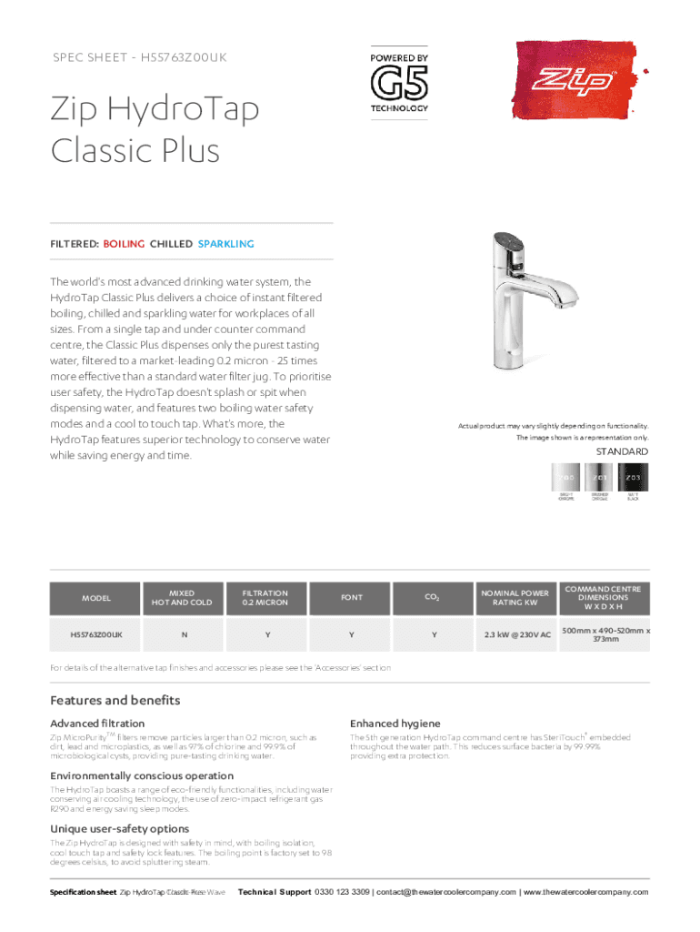 Fillable Online Zip HydroTap G5 Classic Plus - H55763Z00UK - Boiling, ... Fax Email Print ...