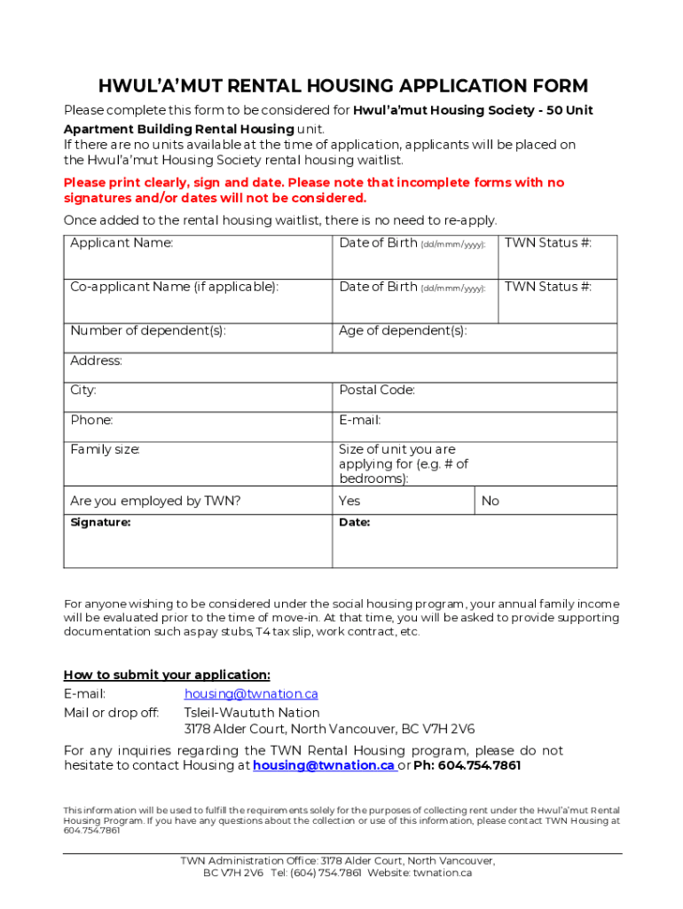 Fillable Online Hwul'a'mut Rental Housing Application Form 2022.docx ...