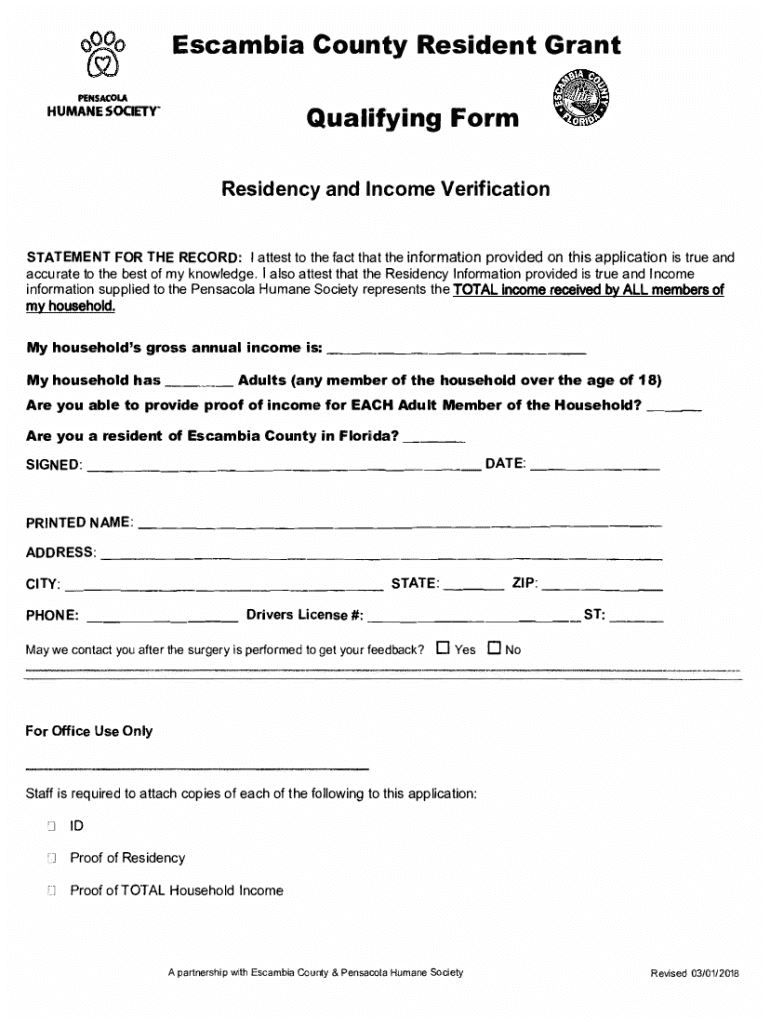 Fillable Online Escambia County Resident Grant Qualifying Form Fax Email Print - pdfFiller