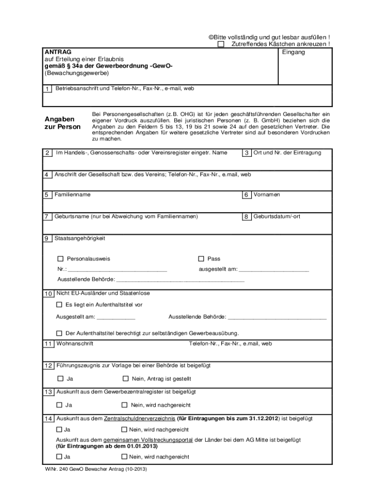 Ausfüllbar Online Antrag auf Erteilung einer Erlaubnis nach34 a der ... Fax Email Drucken ...