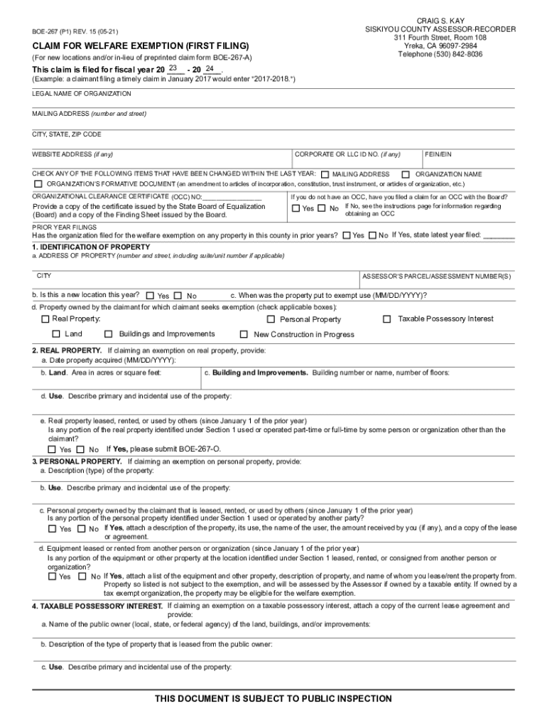 Fillable Online Claim for Welfare Exemption (First Filing) - Siskiyou ...