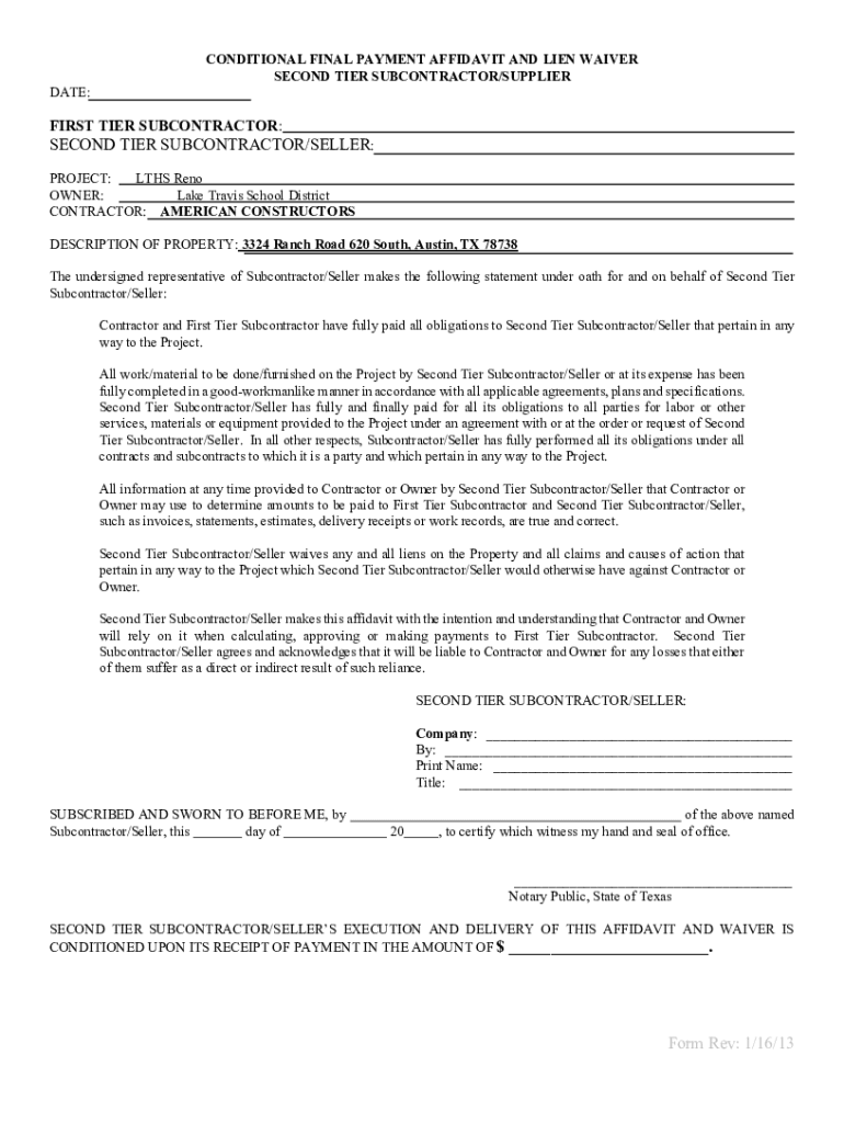 Fillable Online waiver of lien by contractor, subcontractor(s) and ...