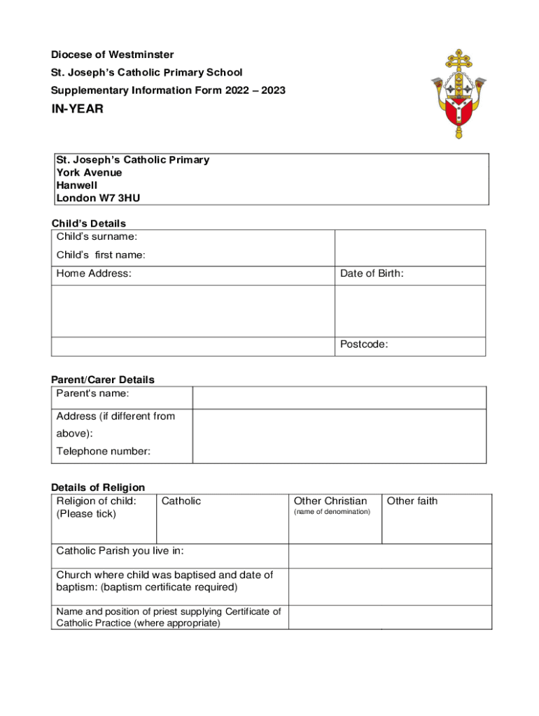 Fillable Online Diocese of Westminster St Joseph's Catholic Primary ...