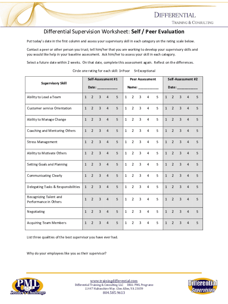Fillable Online Differential Supervision Worksheet: Self / Peer ...