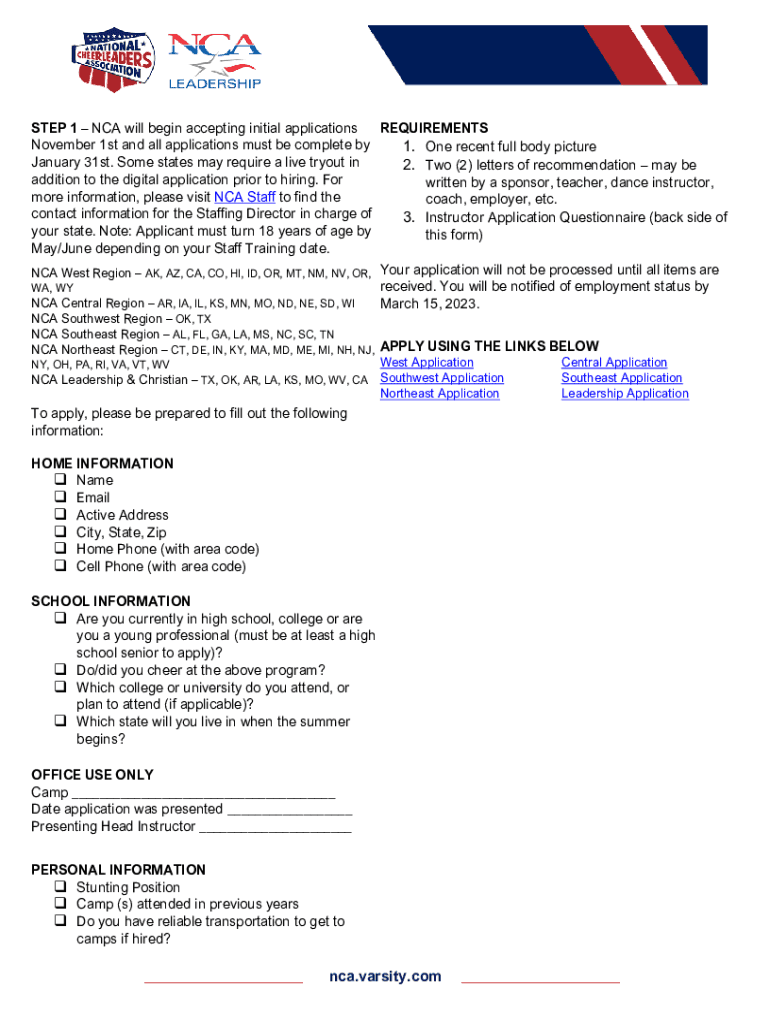 Fillable Online Cheer Instructor Application - National Cheerleaders ...