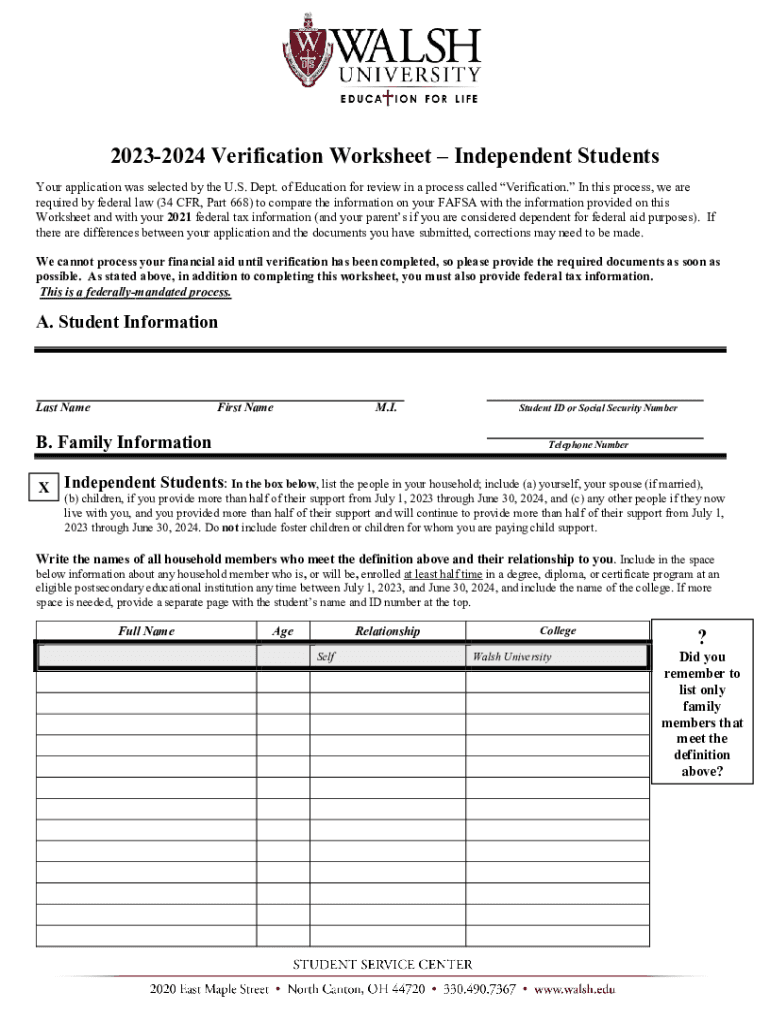 Fillable Online 2023-2024 Verification Worksheet Independent Students Fax Email Print - pdfFiller