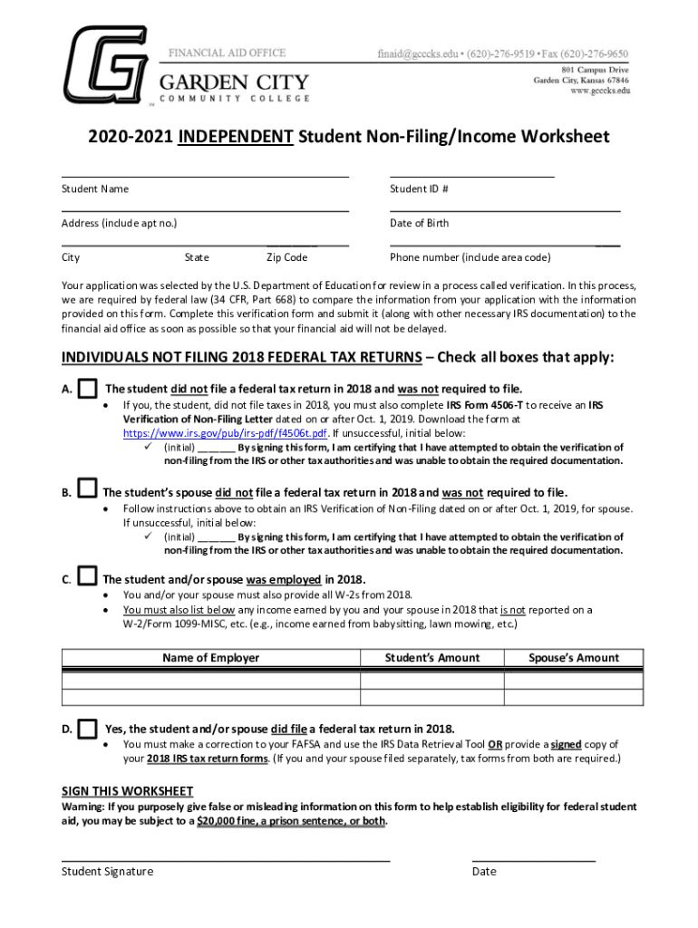 Fillable Online 2020 2021 verification worksheet for an independent student Fax Email Print ...