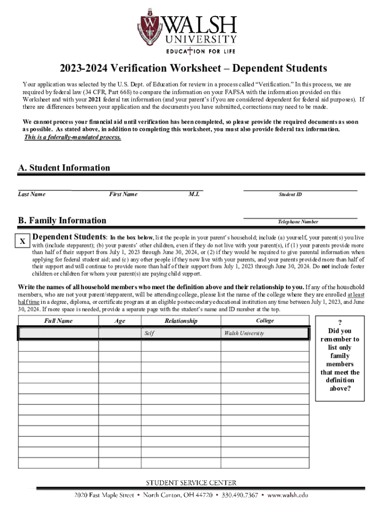 Fillable Online 2023-2024 Verification Worksheet Dependent Students Fax Email Print - pdfFiller