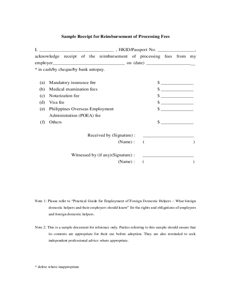 Fillable Online Sample Receipt for Reimbursement of Processing Fees Fax ...