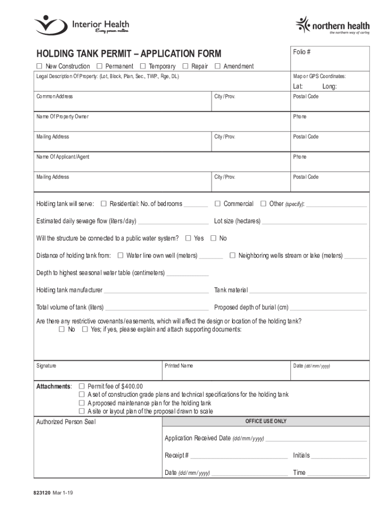 Fillable Online Holding Tank Permit - Application Form - IH #823120 Fax ...