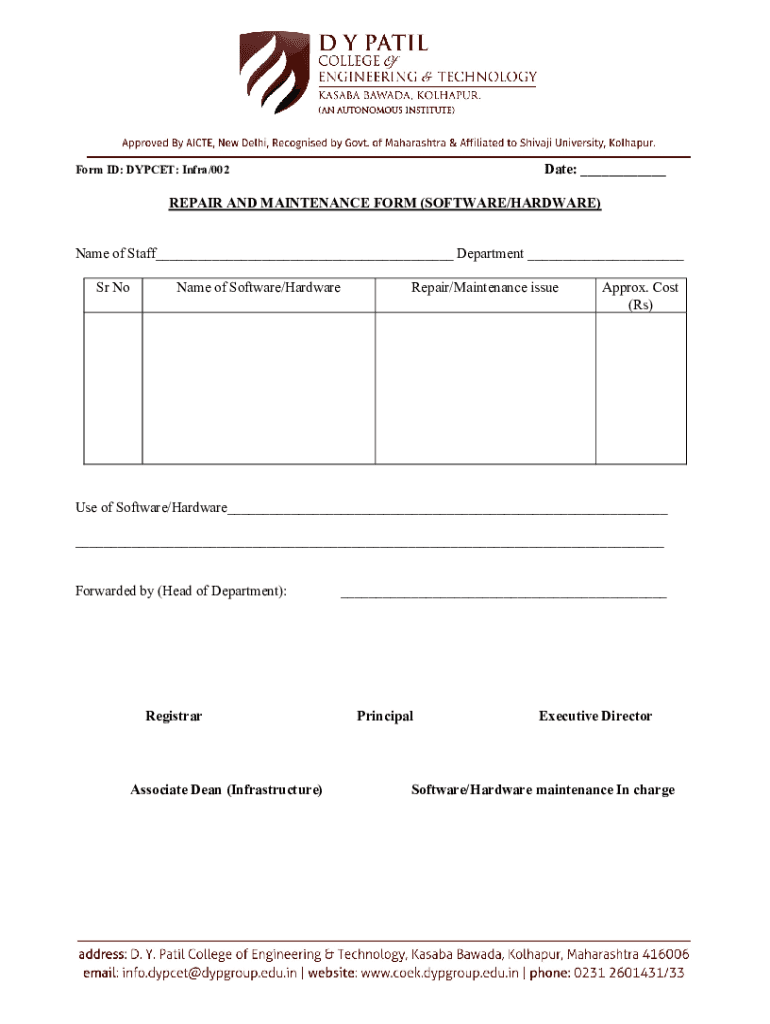 Fillable Online Repair and Maintenance form (Software/Hardware) Fax ...