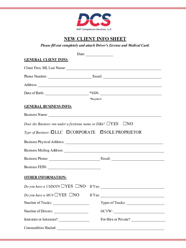 Fillable Online NEW CLIENT INFO SHEET UPDATED Fax Email Print - pdfFiller