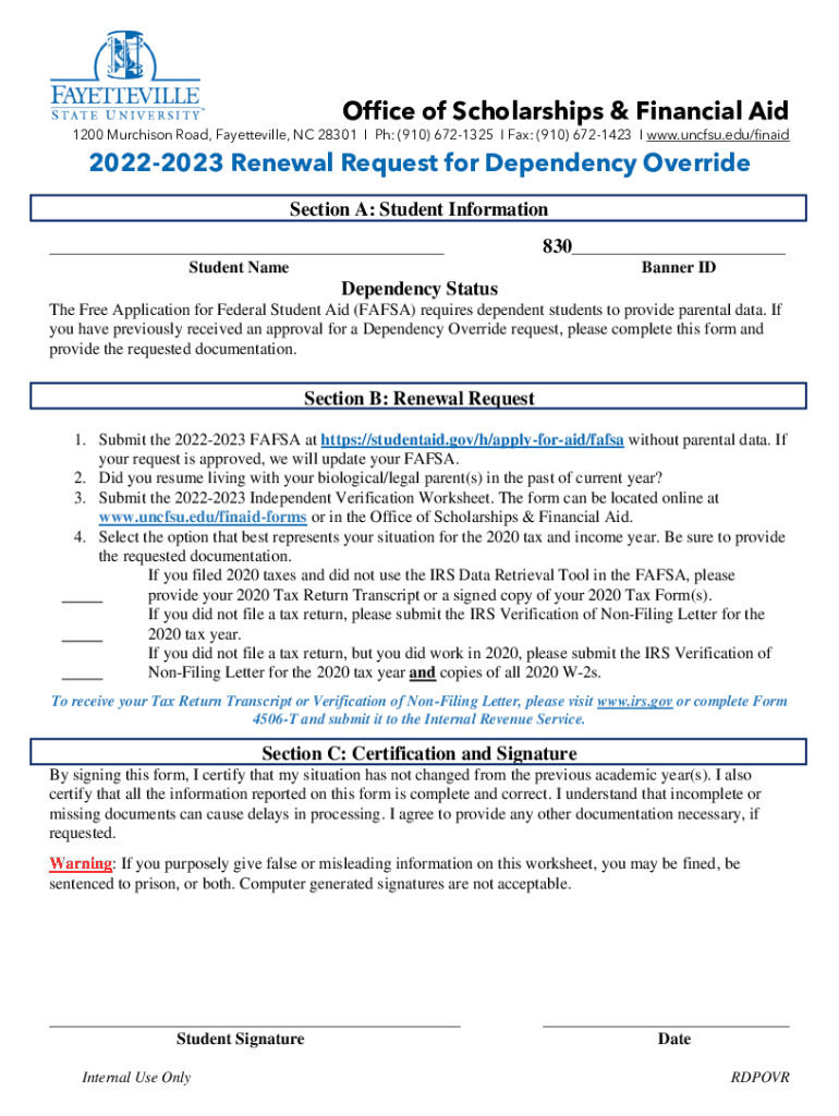Fillable Online 2022-2023 Renewal Request for Dependency Override Fax ...
