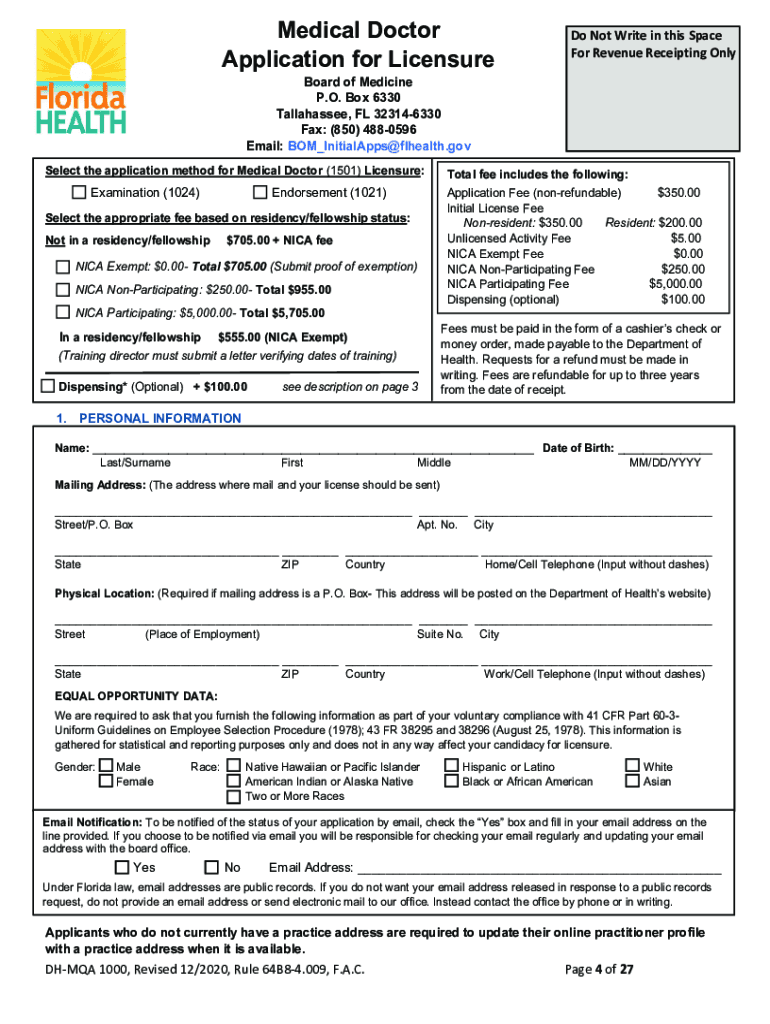 Fillable Online Medical Doctor Application for Licensure Fax Email ...