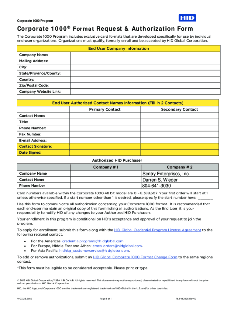 Fillable Online Form for HID Corporate 1000 Format Request ...