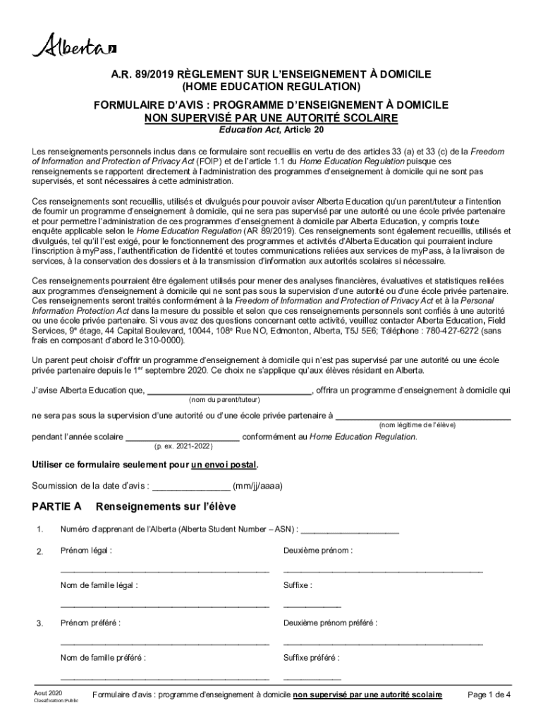 Remplissable En Ligne Home education notification form Program not supervised by school ...