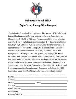 Fillable Online Palmetto Council NESA Eagle Scout Recognition Banquet Fax Email Print - pdfFiller