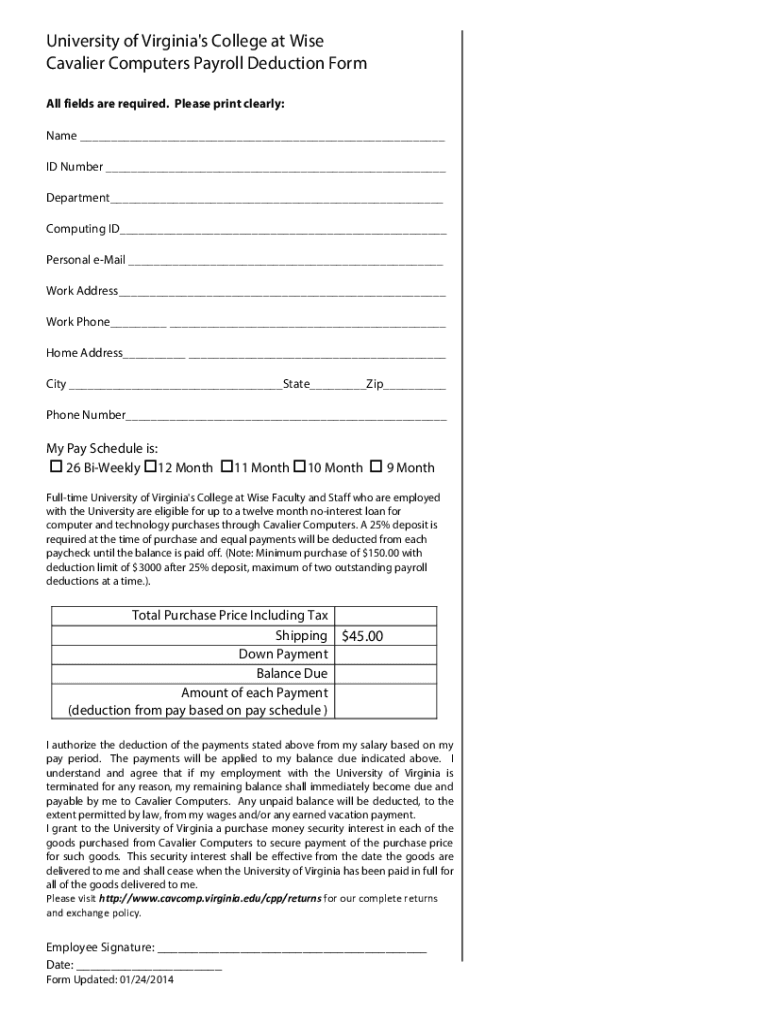 Fillable Online Cavalier Computers Payroll Deduction Form - UVA at Wise ...