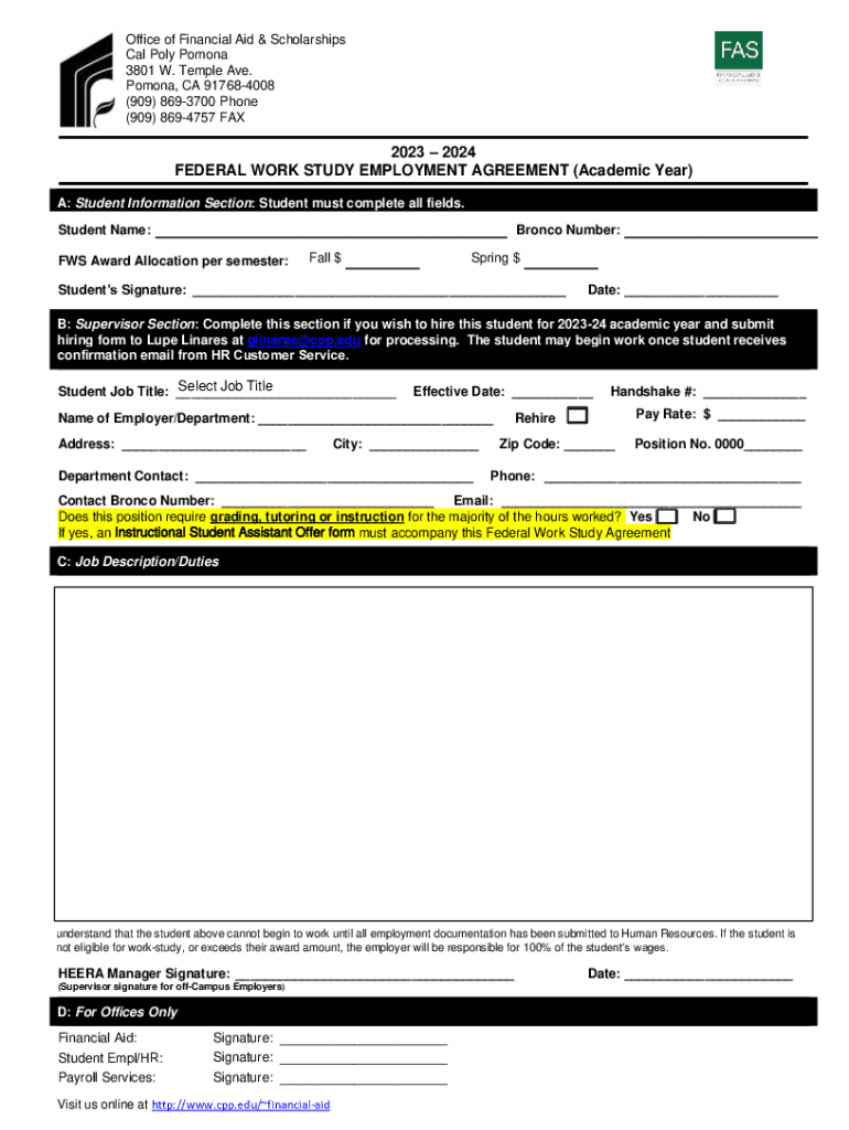 Fillable Online FEDERAL WORK STUDY EMPLOYMENT AGREEMENT (Academic Year ...