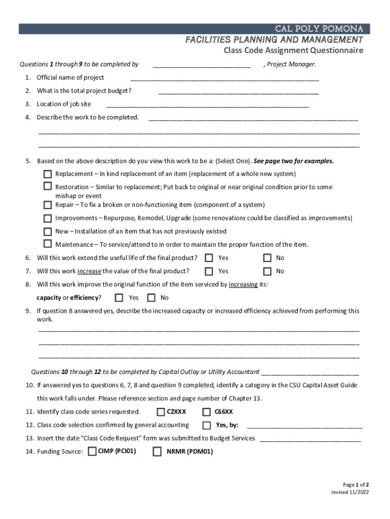 Fillable Online Class Code Assignment Questionnaire Fax Email Print ...