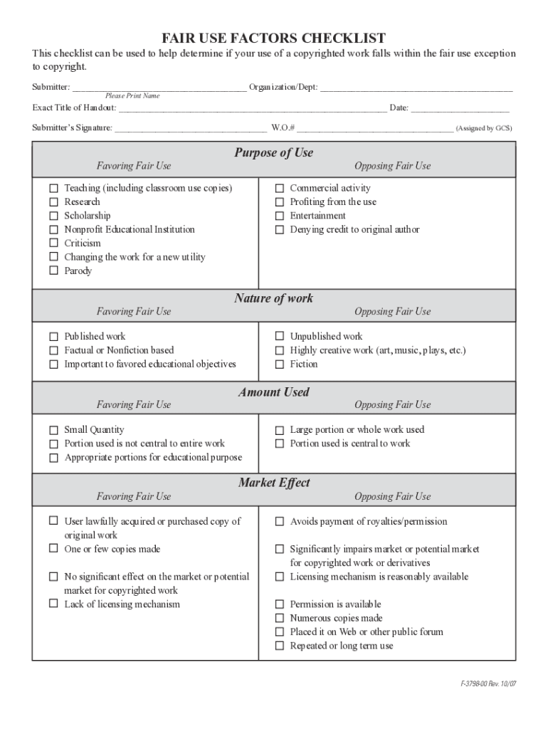 Fillable Online FAIR USE FACTORS CHECKLIST Fax Email Print - pdfFiller