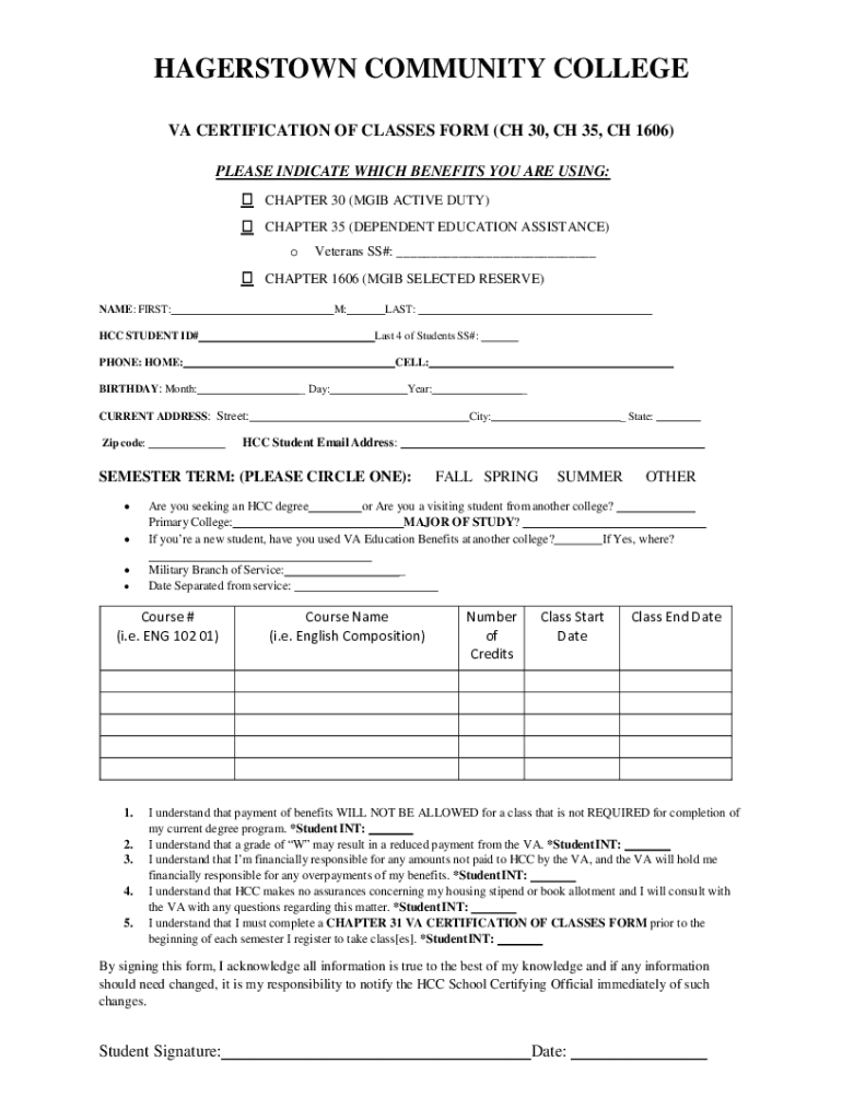 Fillable Online va certification of classes form (ch 30, ch 35, ch 1606 ...