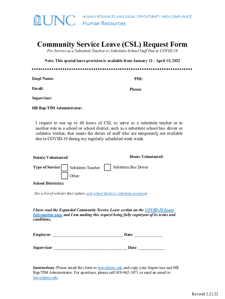Fillable Online hr unc Community Service Leave (CSL) Request Form Fax ...