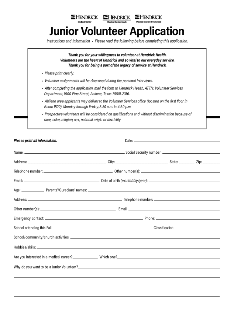Fillable Online Junior Volunteer Application Fax Email Print - pdfFiller