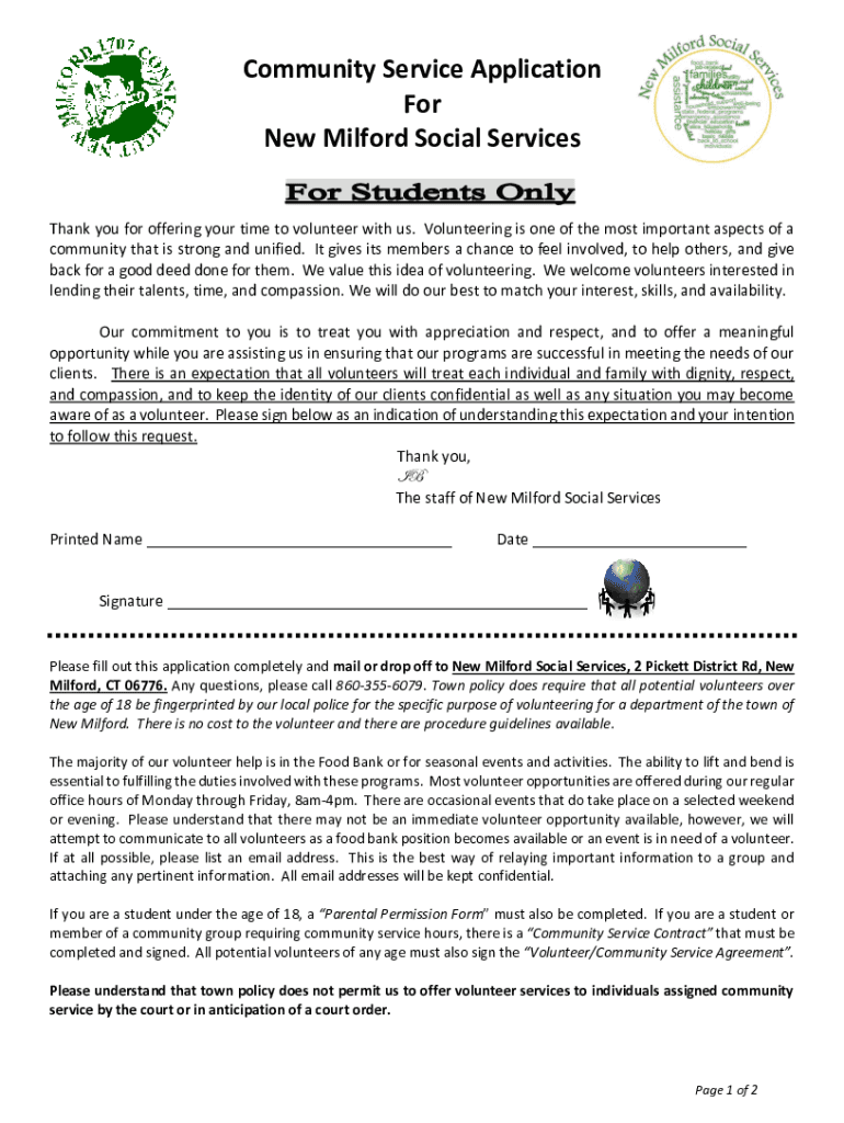 Fillable Online Community Service Application For New Milford Social ...