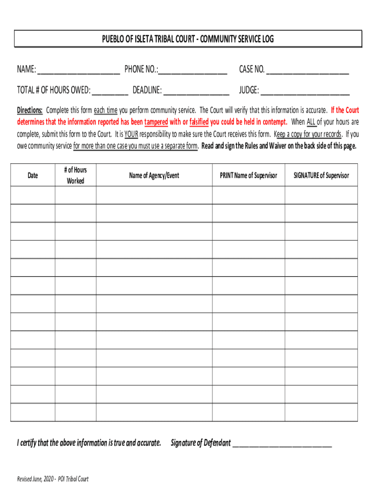 Fillable Online pueblo of isleta tribal court - community service log ...