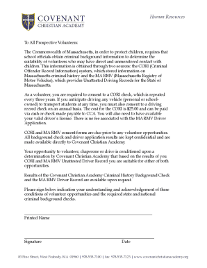 Fillable Online CORI Acknowledgement Form for Volunteers Fax Email ...